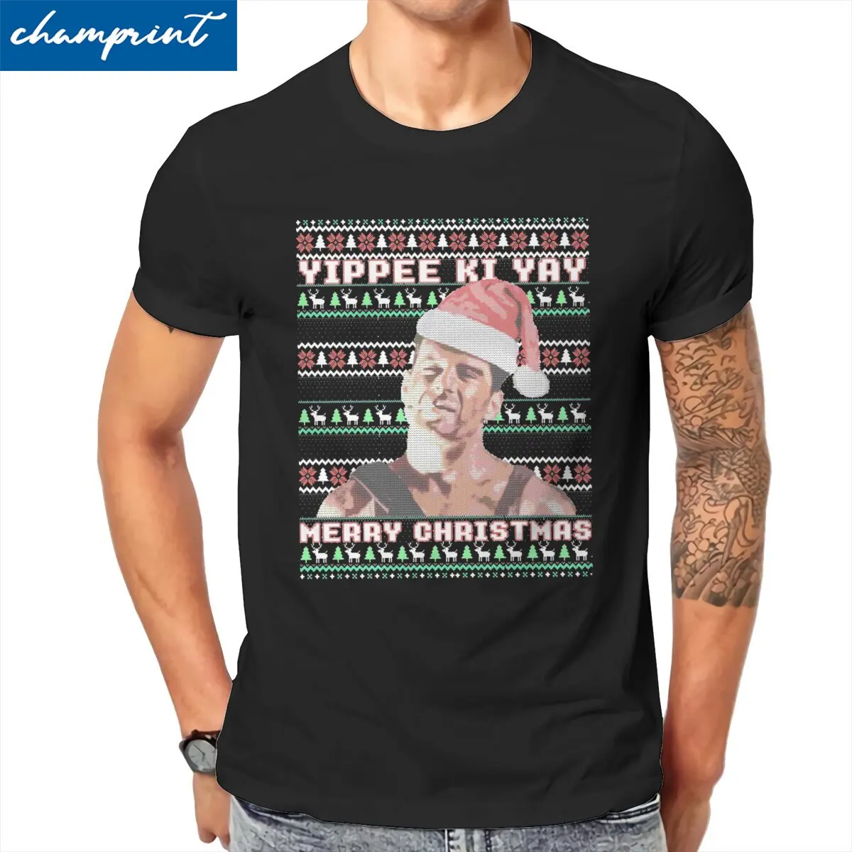 Engra-ado-Yippee-Ki-Yay-Feio-Natal-T-Shirt-Homens-Em-Torno-Do-Pesco-o ...