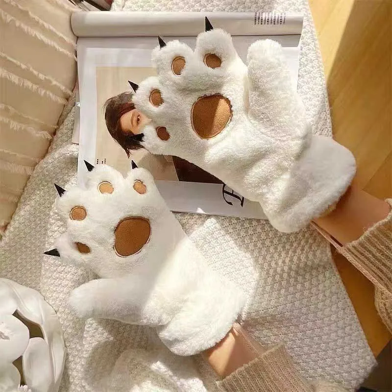 Women Gloves Bear Palm Paw Animals Plushclaw Glove Winter Fluffy Cat ...