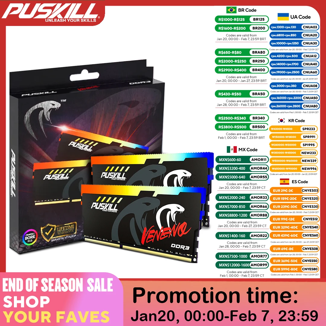 Memoria RAM PUSKILL RGB DDR3 8GBx2 1600MHz 12800S Udimm Dual Channel ...