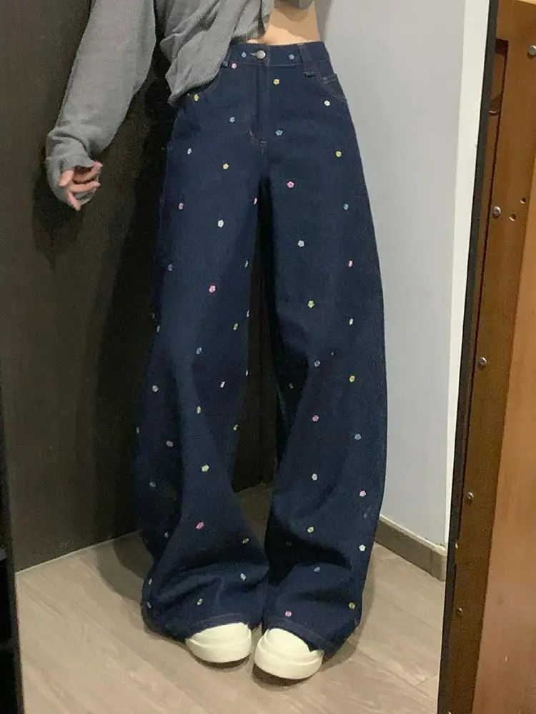 Embroidered Flower Deep Blue Jeans For Spring And Autumn, New Sweet And ...