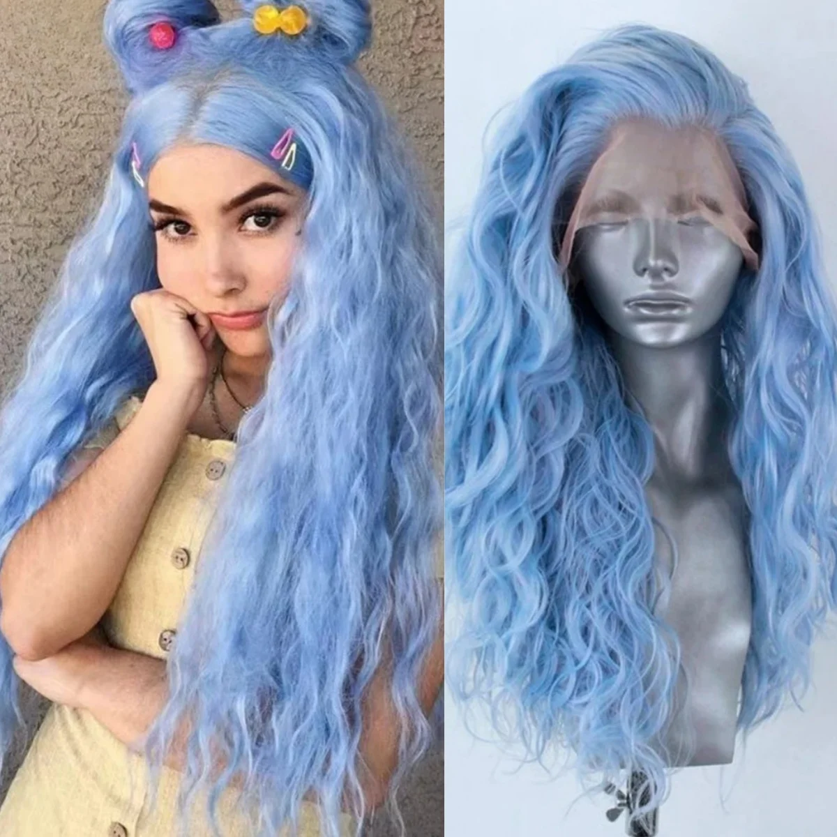 Light Blue Wig Loose Deep Wave Lace Frontal Wigs 13x4 HD Synthetic High ...