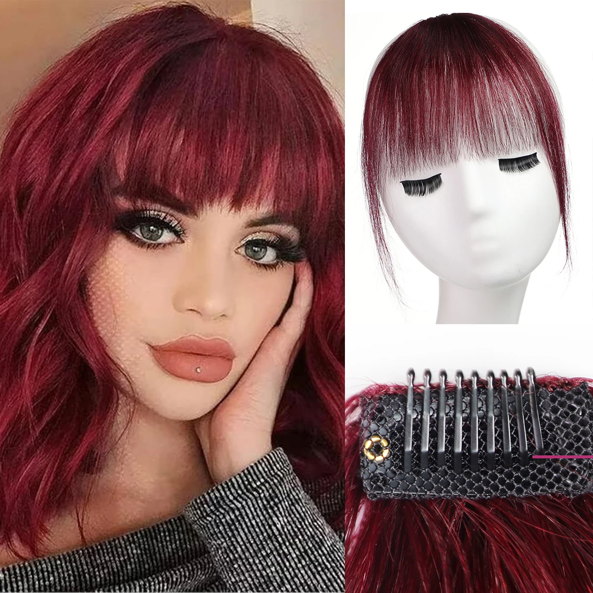 Bangs Clip in Bangs Burgundy Bangs with Temples Hairpieces 100% Real ...