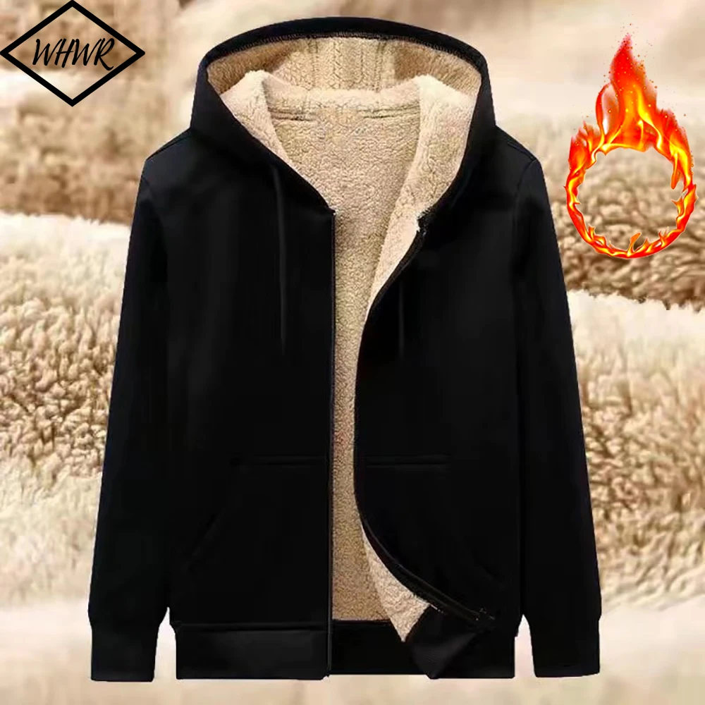 Winter Thicken Men Zipper Jackets Lambswool Warm Zip Up Hoodies Long ...