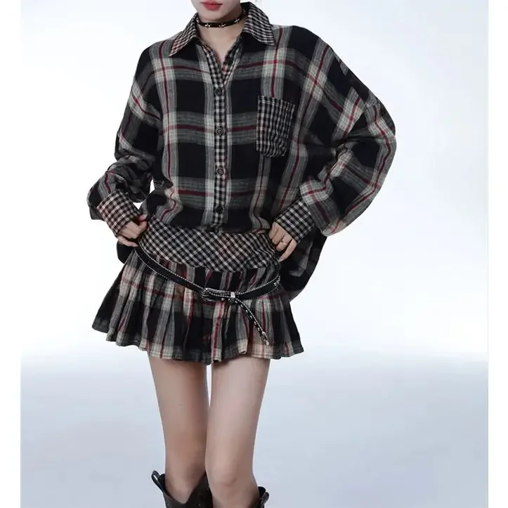 Women's Plaid Skirt Sets Y2k 90s Aesthetic A-Line Mini Skirts Long ...
