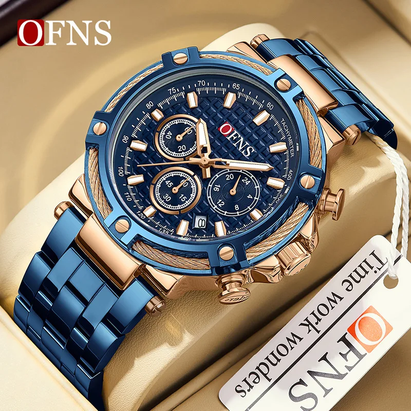 OFNS 5516 Fashion Stainless Steel Men's Quartz Business Calendar Timing ...