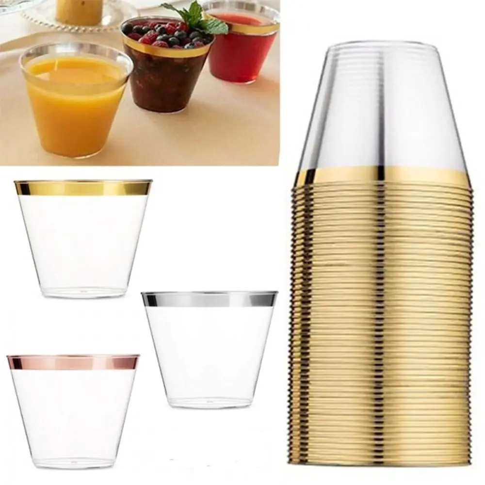 Disposable-Plastic-Cups-Rose-Gold-Rimmed-Transparent-Cups-Tableware-for ...