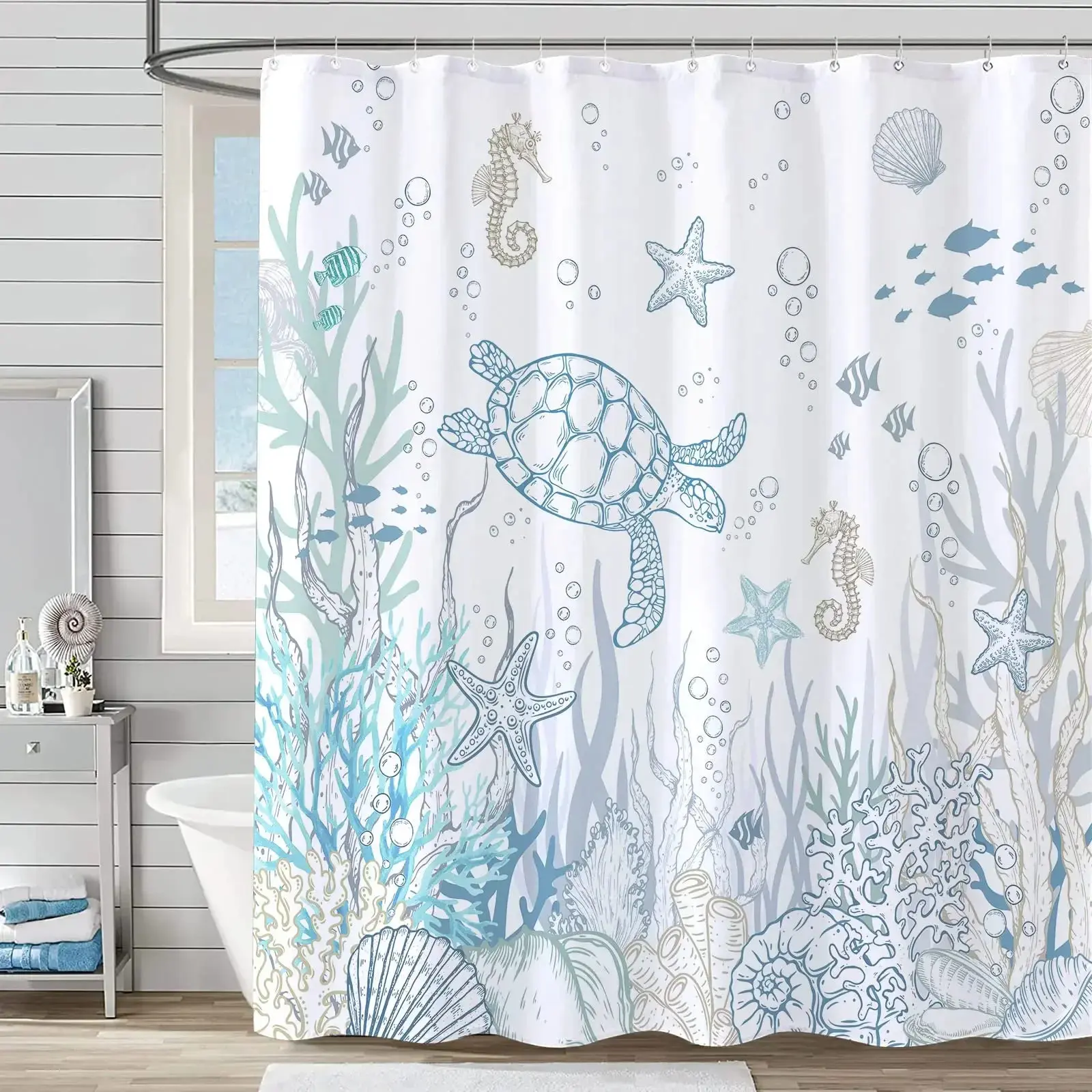 Starfish-Seashell-Coral-Beach-Bath-Curtain-Ocean-Themed-Underwater ...