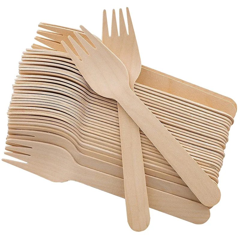 50/100Pcs Disposable Food Forks, 6-Inch Natural Wooden Cake Dessert ...