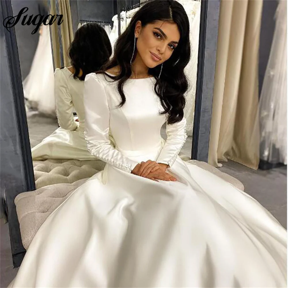 Modest-Princess-Wedding-Dress-Satin-Long-Sleeve-Elegant-Muslim-Bride ...