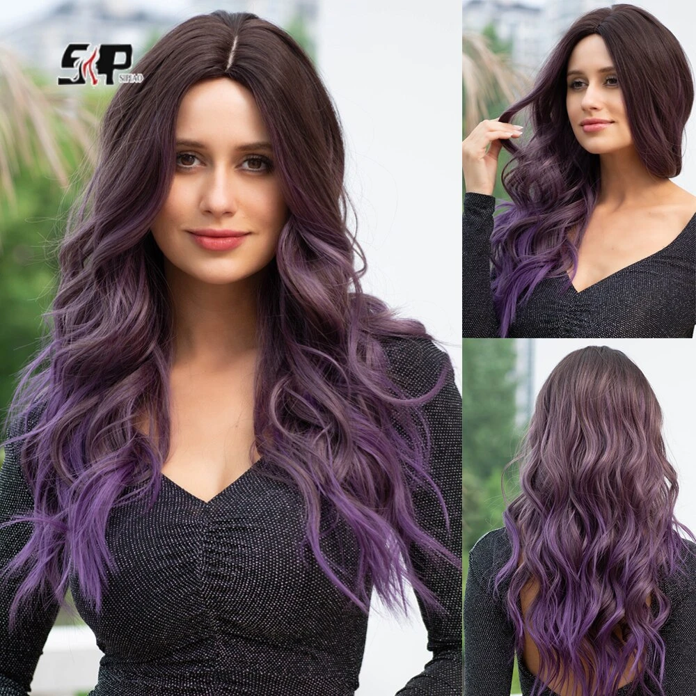 Long Wavy Ombre Brown Purple Synthetic Wigs For Women Heat Resistant ...