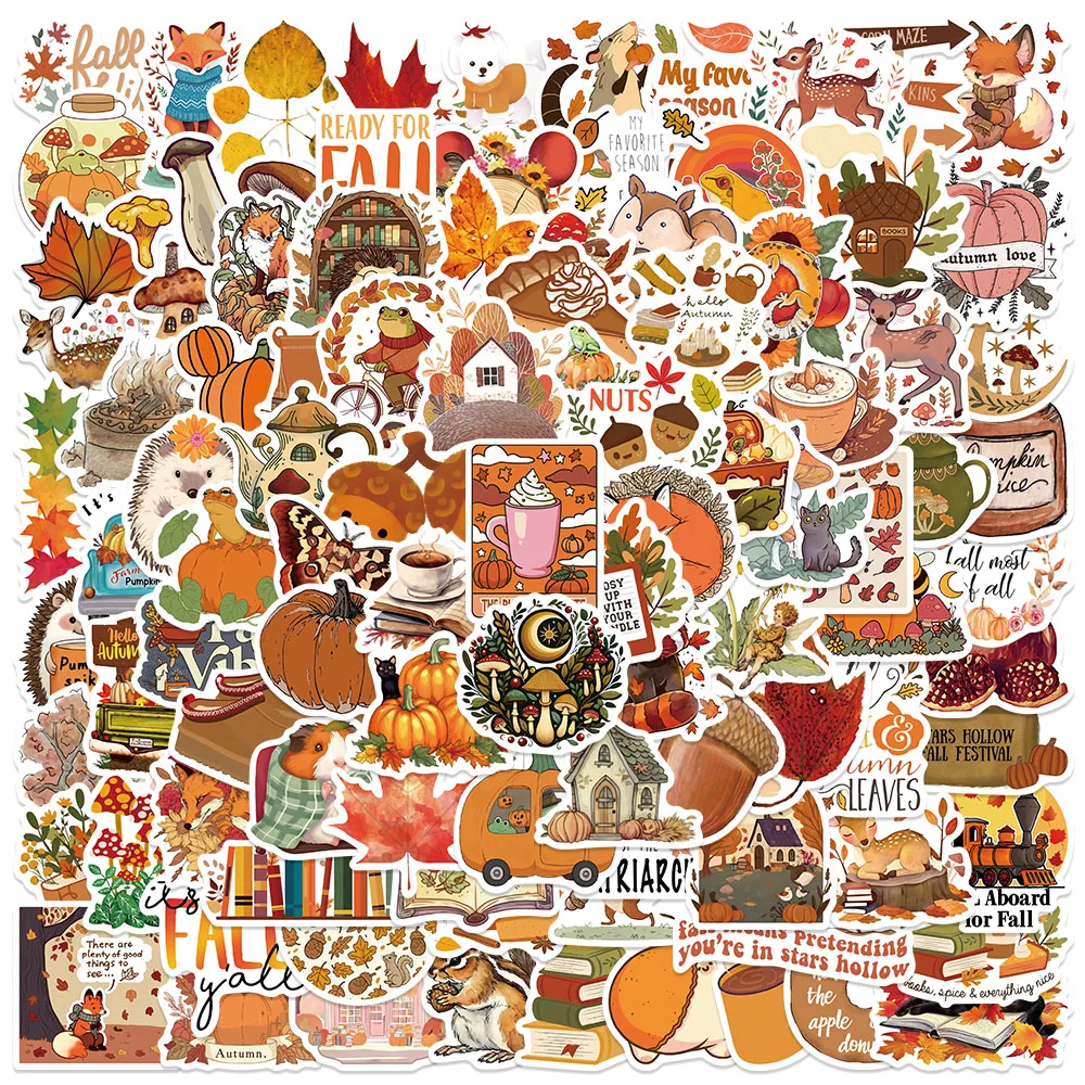 100PCS Cartoon Orange Fall Sticker Cute Animals Graffiti Decals For ...