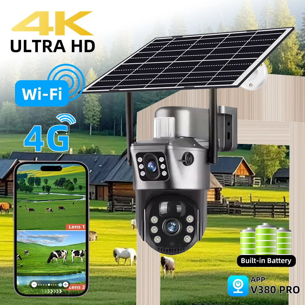 V380 Pro 4K 8MP 2 Lens 4G WiFi Solar Camera Outdoor PIR Night Vision ...