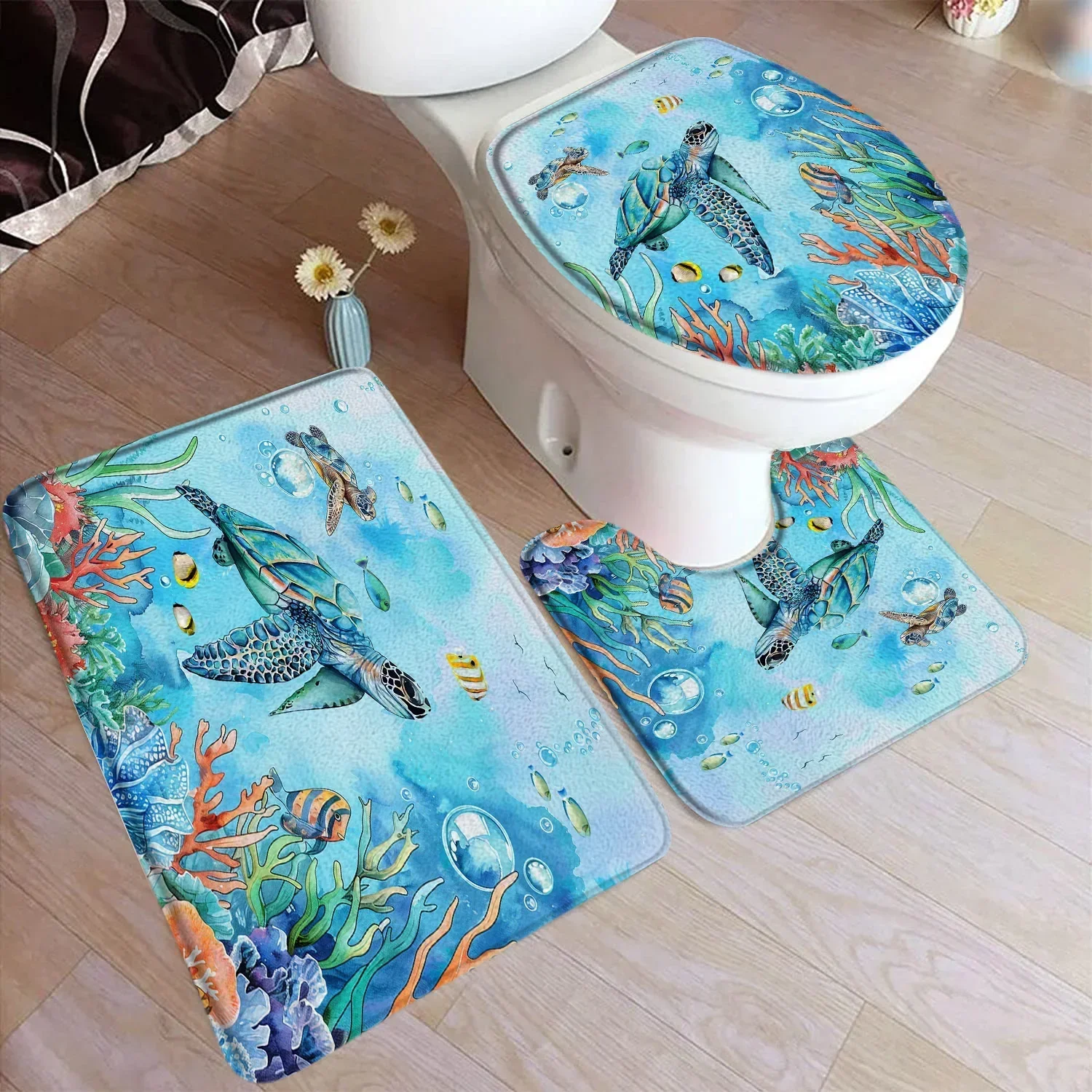 Sea-Turtle-Bath-Mat-Set-Watercolour-Tropical-Fish-Coral-Seagrass-Marine ...