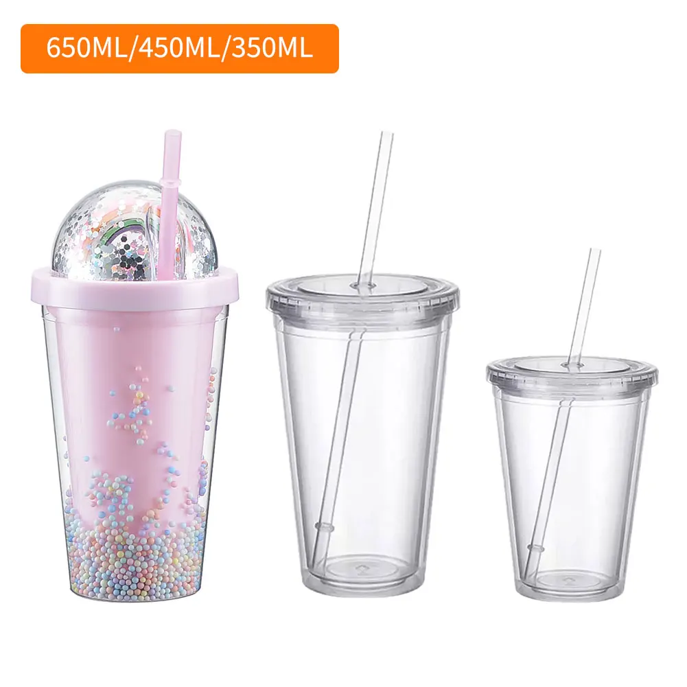 350-450-650ml-Clear-Tumbler-With-Straw-Reusable-Transparent-Double ...