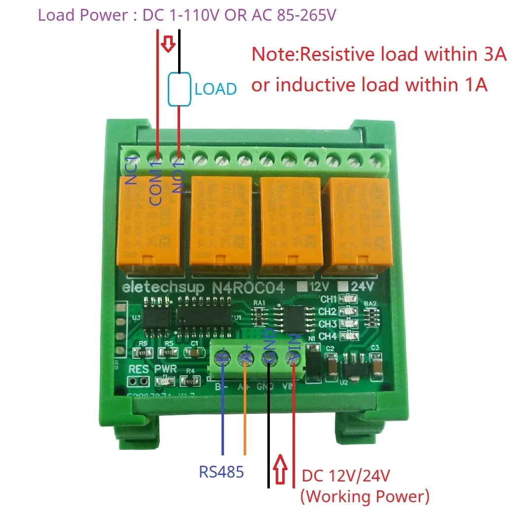 N4ROC04 Mini Modbus RTU 4 Channel Relay Module PLC Board 12V 24V 3A ...