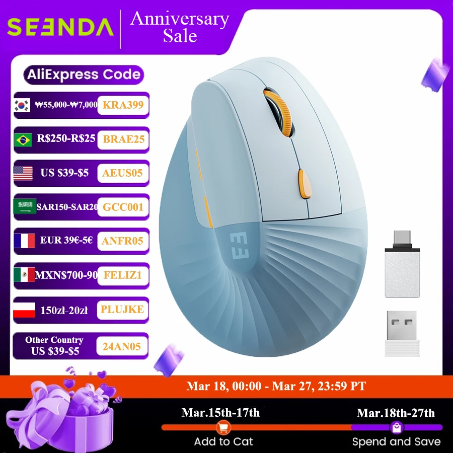 Seenda-Mouse-Recarreg-vel-Sem-Fio-Ergon-mico-Eleva-o-Vertical-Tipo-C ...