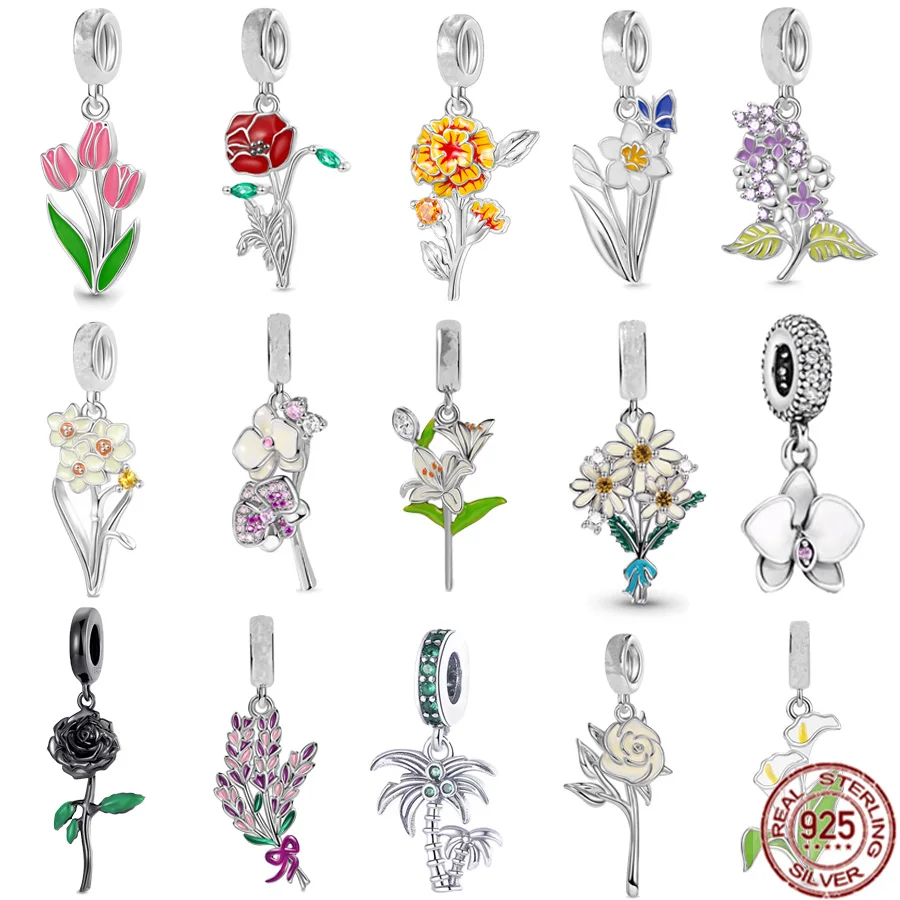 NEW-Lily-Rose-Lavender-Moth-Orchid-Narcissus-Flower-Dangle-Charm-Beads ...