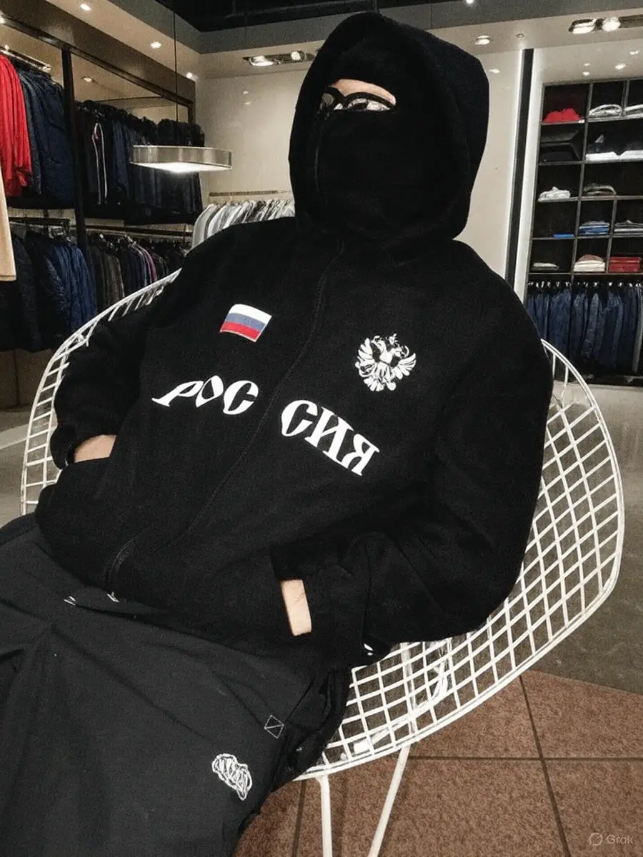 Street Fashion Casual Men Russian Flag Face Mask Hoodie Black Zip Up ...