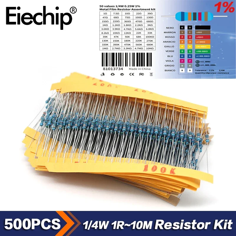 500-buah-1-4W-50-jenis-set-resistor-1-paket-Resistor-Film-logam-0-25W ...