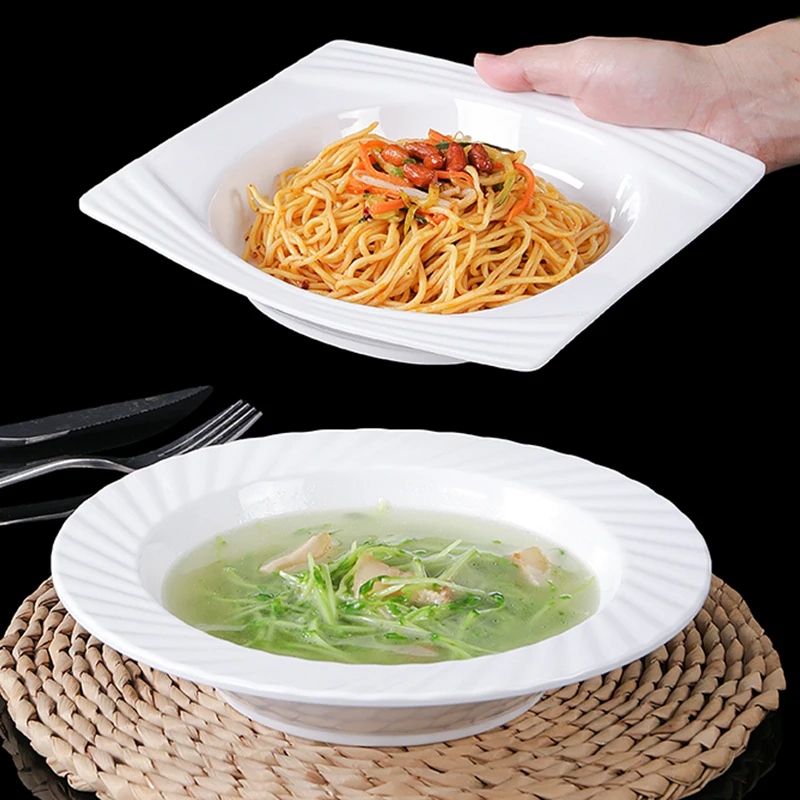 Melamine-Tableware-White-Plastic-Plates-Kitchenware-Wide-Edged-Deep ...