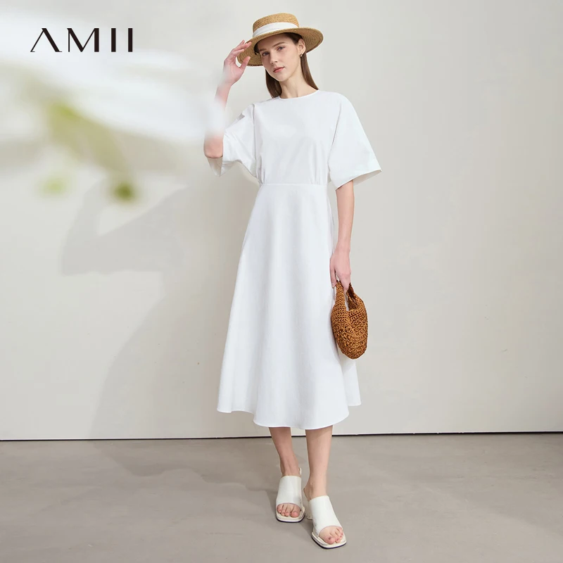 AMII Office Lady Summer Dress Women 2025 New Round Neck Short Sleeve ...