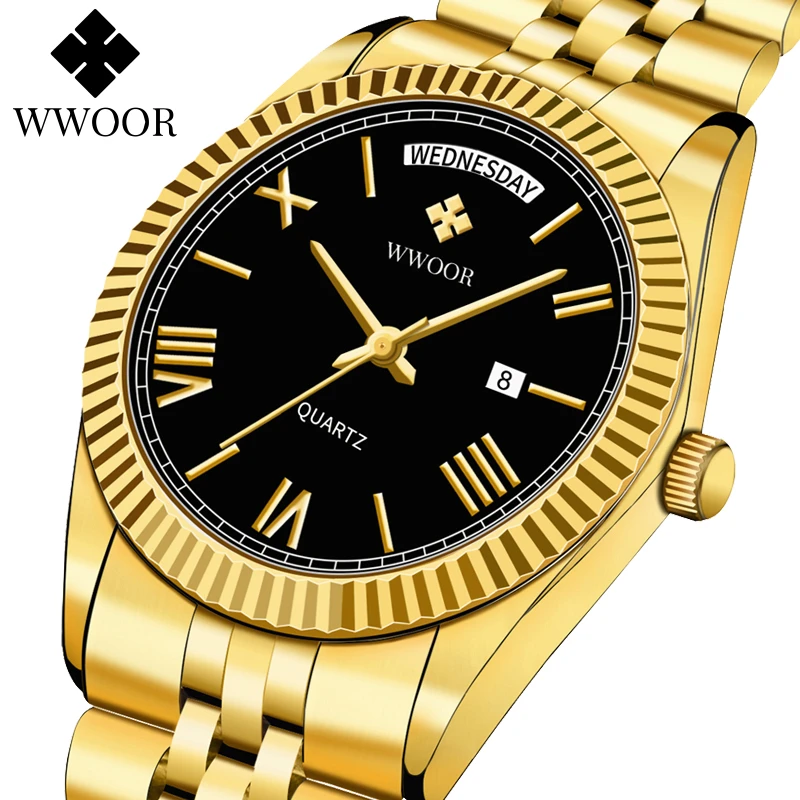 WWOOR New Gold Watches Mens Luxury Stainless Steel With Calendar ...
