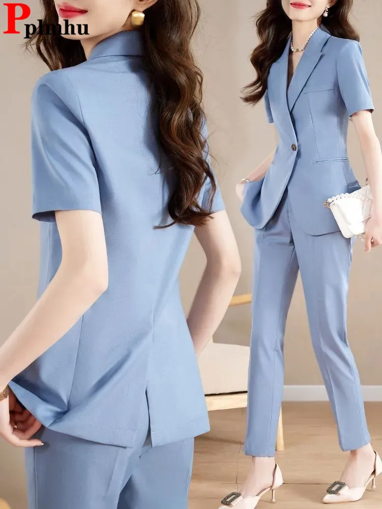 Women-Formal-Suits-2-Pieces-Sets-Elegant-Slim-Short-Sleeve-Cardigan ...