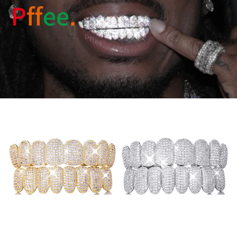 Pffee-Hip-Hop-Teeth-Grillz-Rhinestones-Iced-Out-Silver-18K-Gold-Plated ...