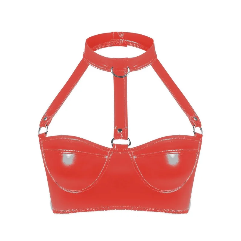 Womens Wet Look Pink Red Patent Leather Lingerie Bras Halter Neck ...