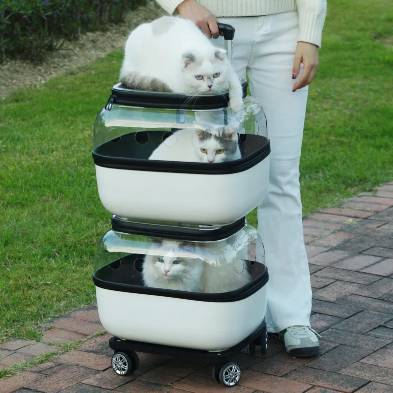 Double Layer Outdoor Cat Trolley Bag Wheels Carrier Transparent Cats ...