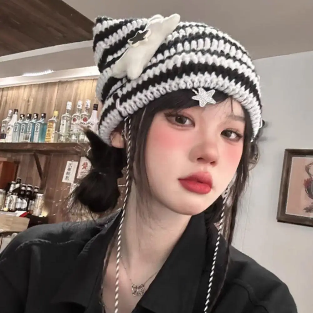 Super Cute Cat Ears Pointed Pullover Hat Striped Knitted Wool Cap ...