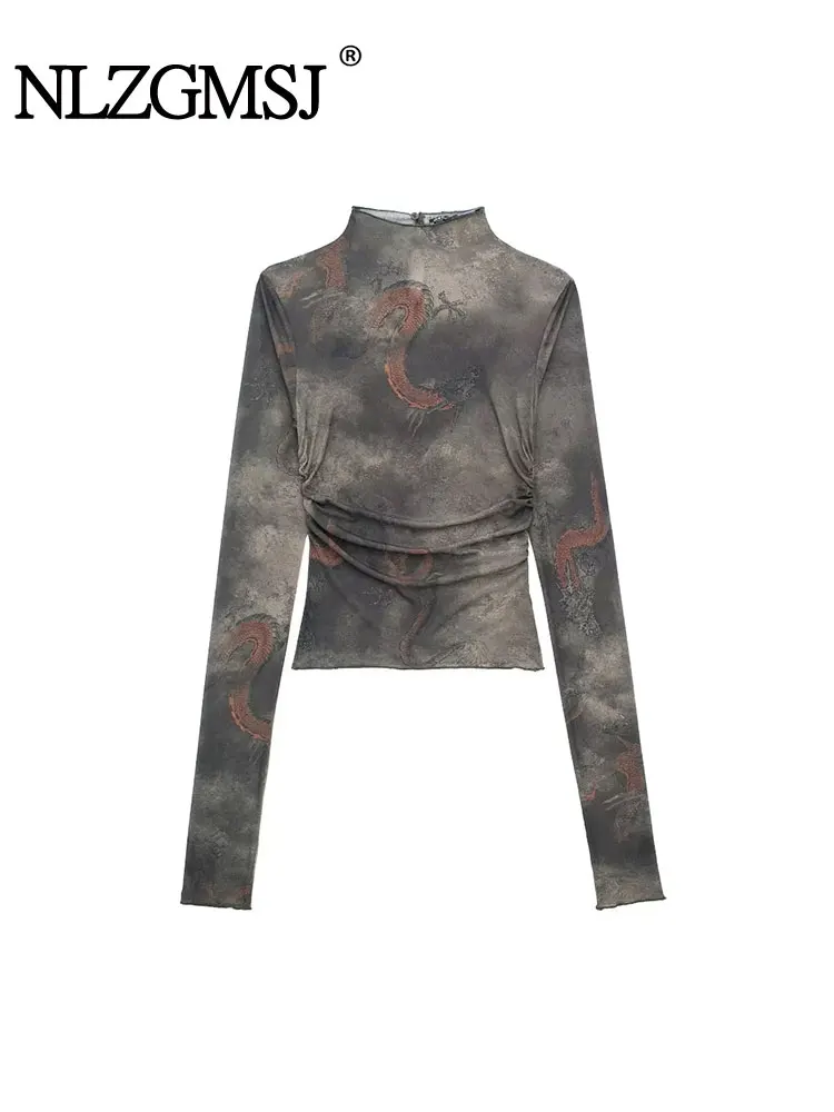 TRAF-2024-Spring-Vintage-Print-Tulle-Blouse-Women-Translucent-Mesh ...