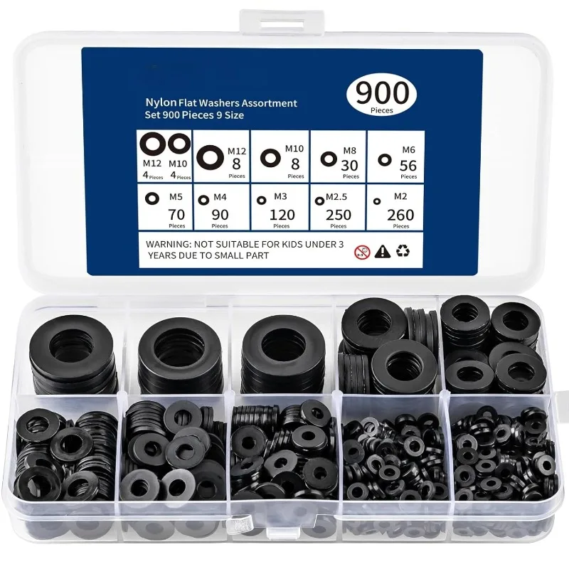 900Pcs Black Plastic Flat Washers Assortment Kit For Bolts and Screws ...