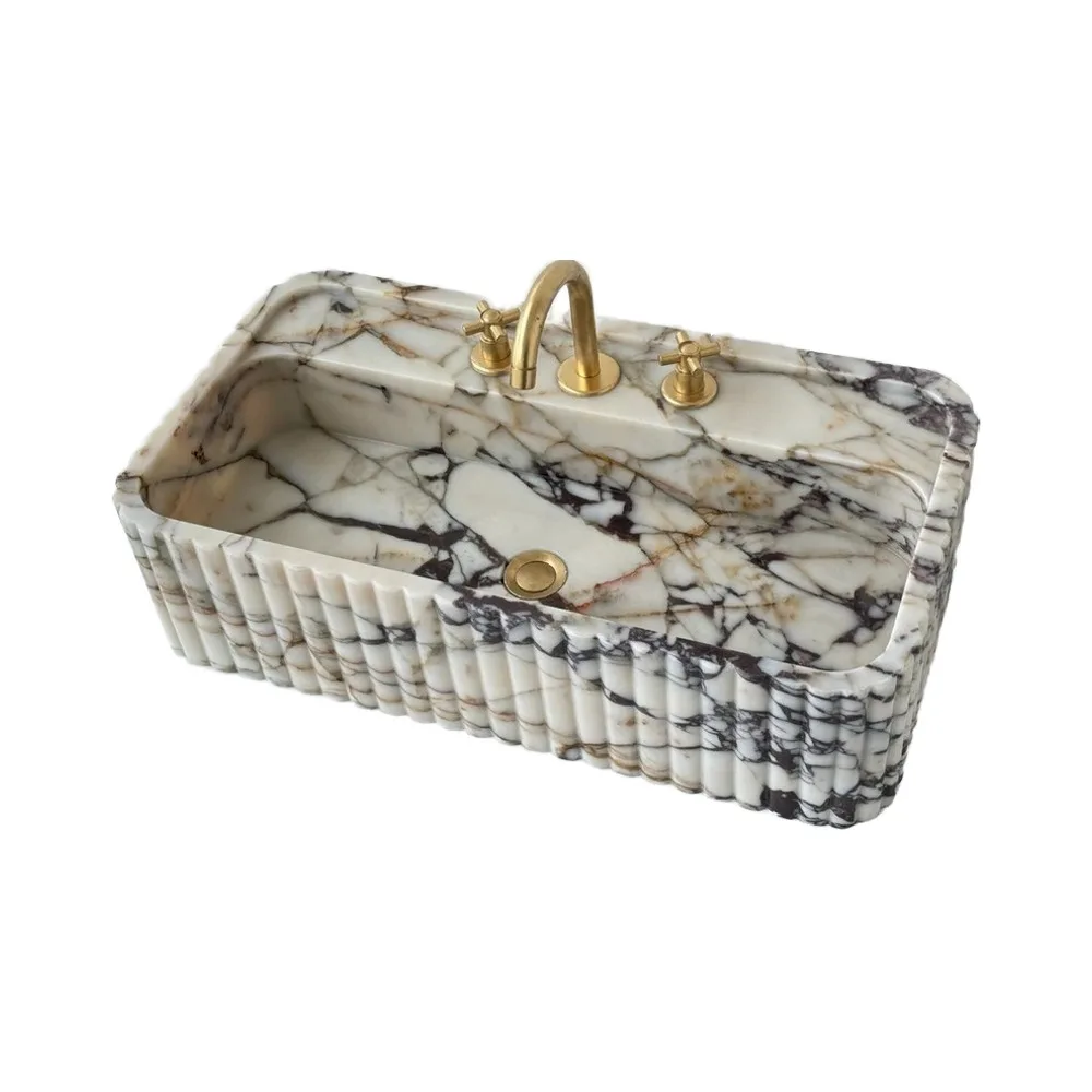High-end luxury marble sink with refined stone modern design ribbed ...