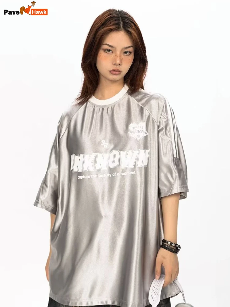 American-Style-Metallic-Silver-T-Shirts-Men-Women-Patchwork-Oversized ...
