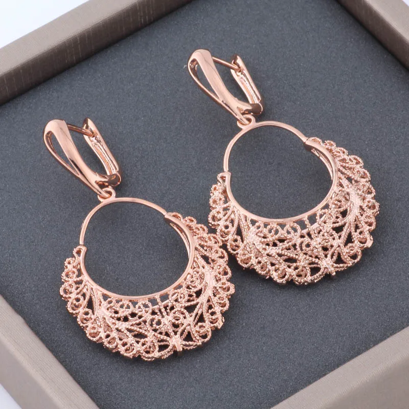 585-Rose-Gold-Color-Drop-Earrings-For-Women-Girl-Flower-Pattern-Luxury ...
