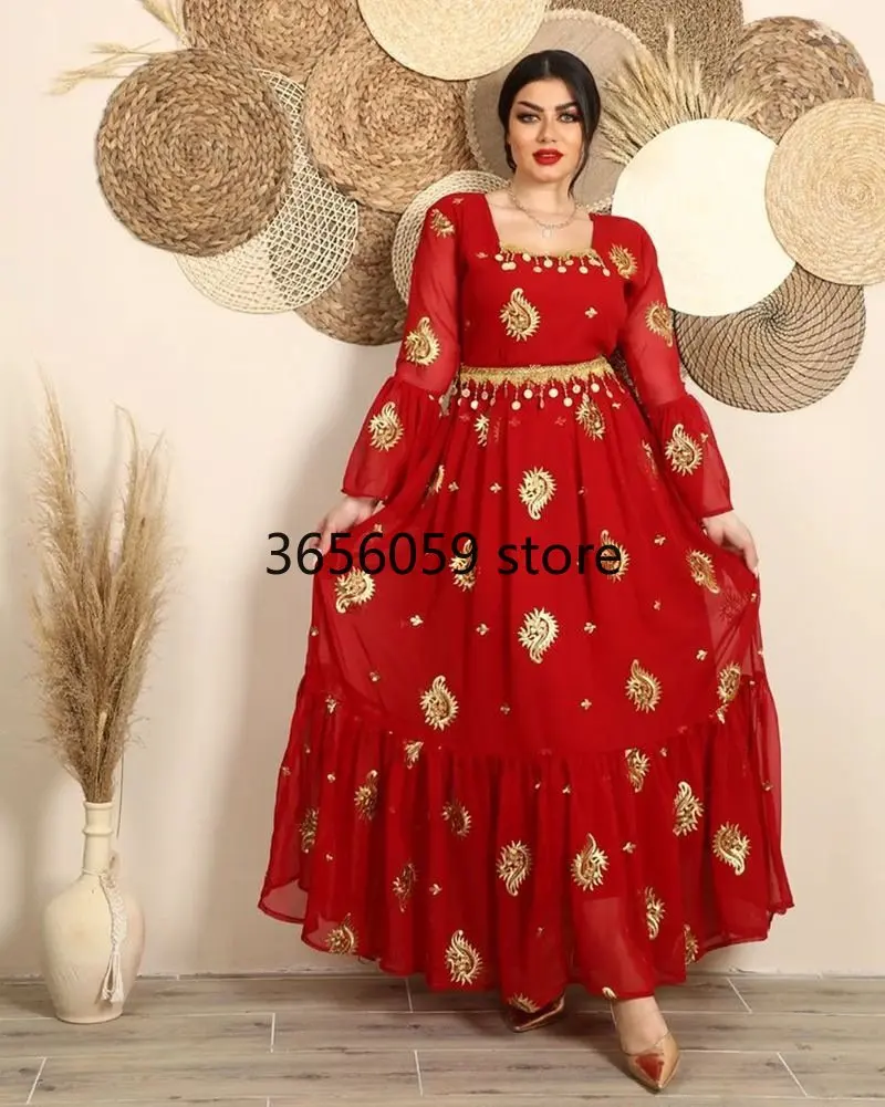 Charming-Red-Middle-East-Dress-Robe-Embroidery-Flare-Sleeves-Square ...