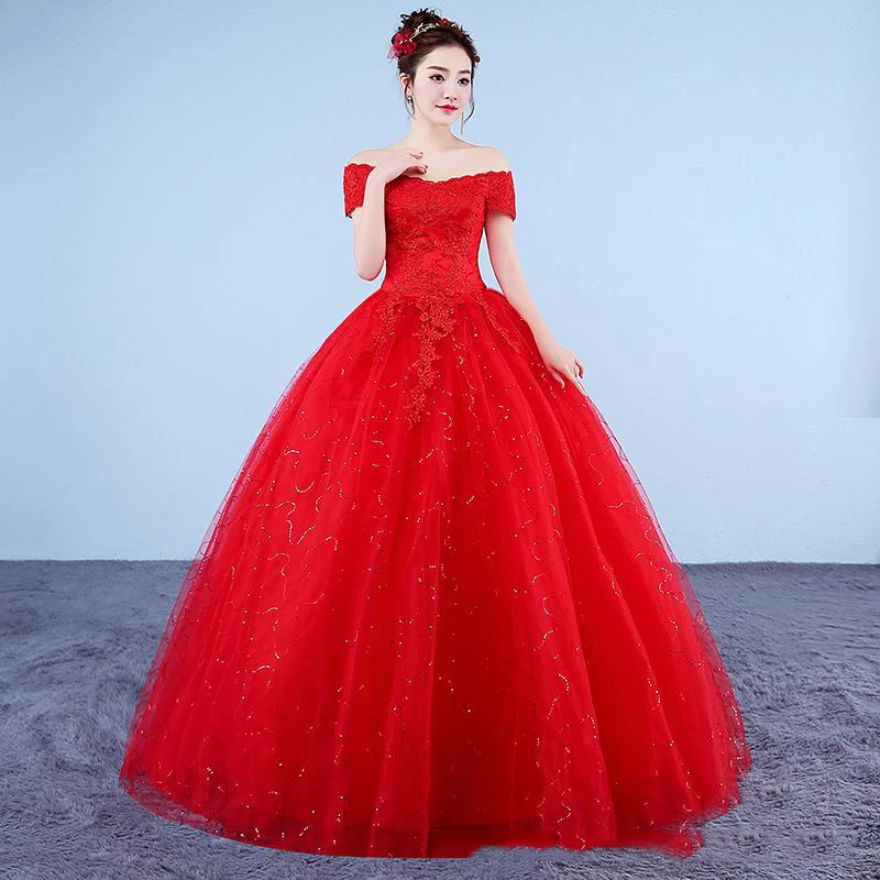 Red-Ball-Gown-Women-Wedding-Dresses-Off-Shoulder-Sequins-Appliques ...