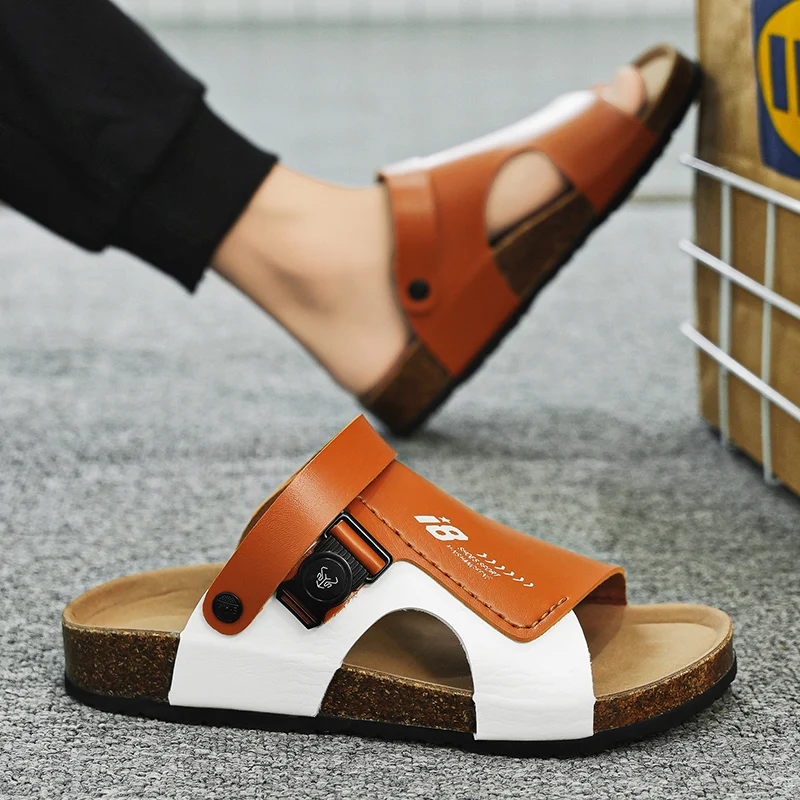 Brown Cork Sandals for Man Leather Slippers Luxury Outdoor Slides Men ...