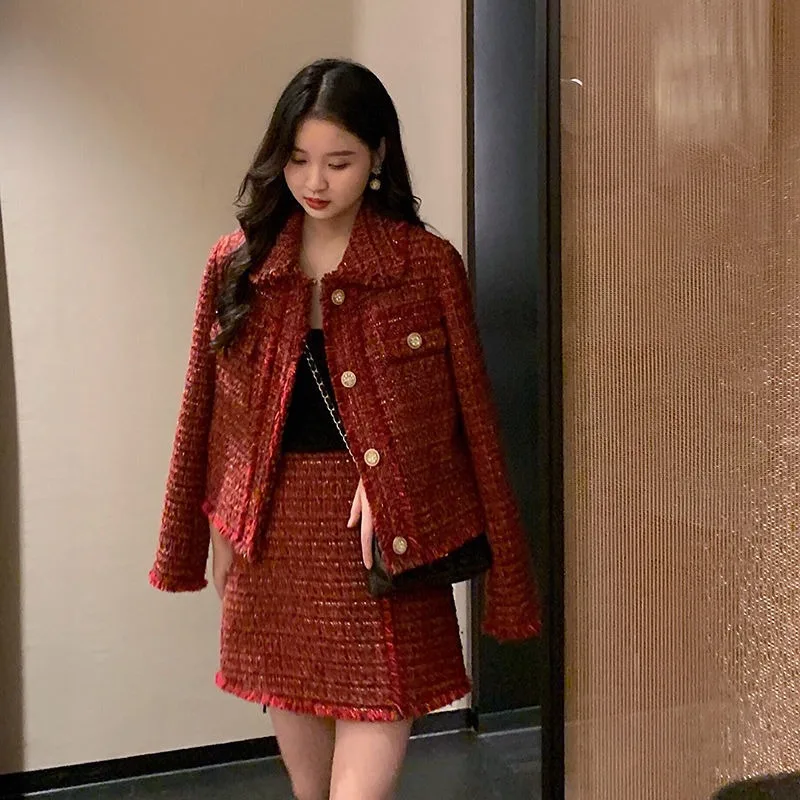 Temperament Celebrity Coarse Tweed Coat Skirt Two-piece Set Women ...