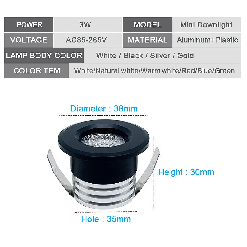 LED Spot Light Mini Recessed Ceiling lamp 3W AC85-265V Dimmable Driver ...
