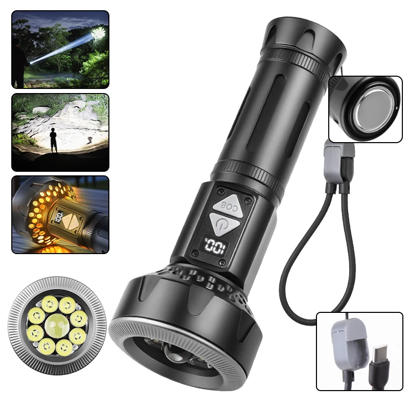 Powerful LED White Laser Flashlight COB Side Work Light Zoomable USB ...