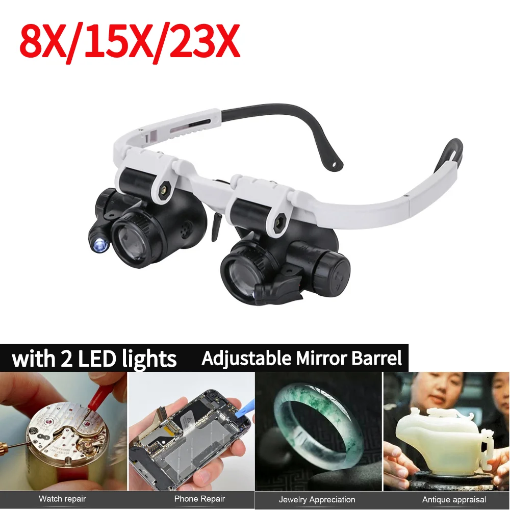 2xLED-8X-15X-23X-Watch-Jeweler-Repair-Magnifier-Telescopic-Magnifier ...
