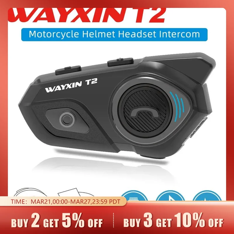 WAYXIN Helmet Headset T2 Motorcycle Bluetooth Intercom For 2 Rider ...