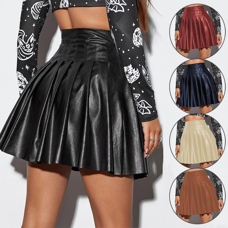 Sexy Geplooide Faux Lederen Vrouwen Mini Rok Hoge Taille Causale A lijn ...