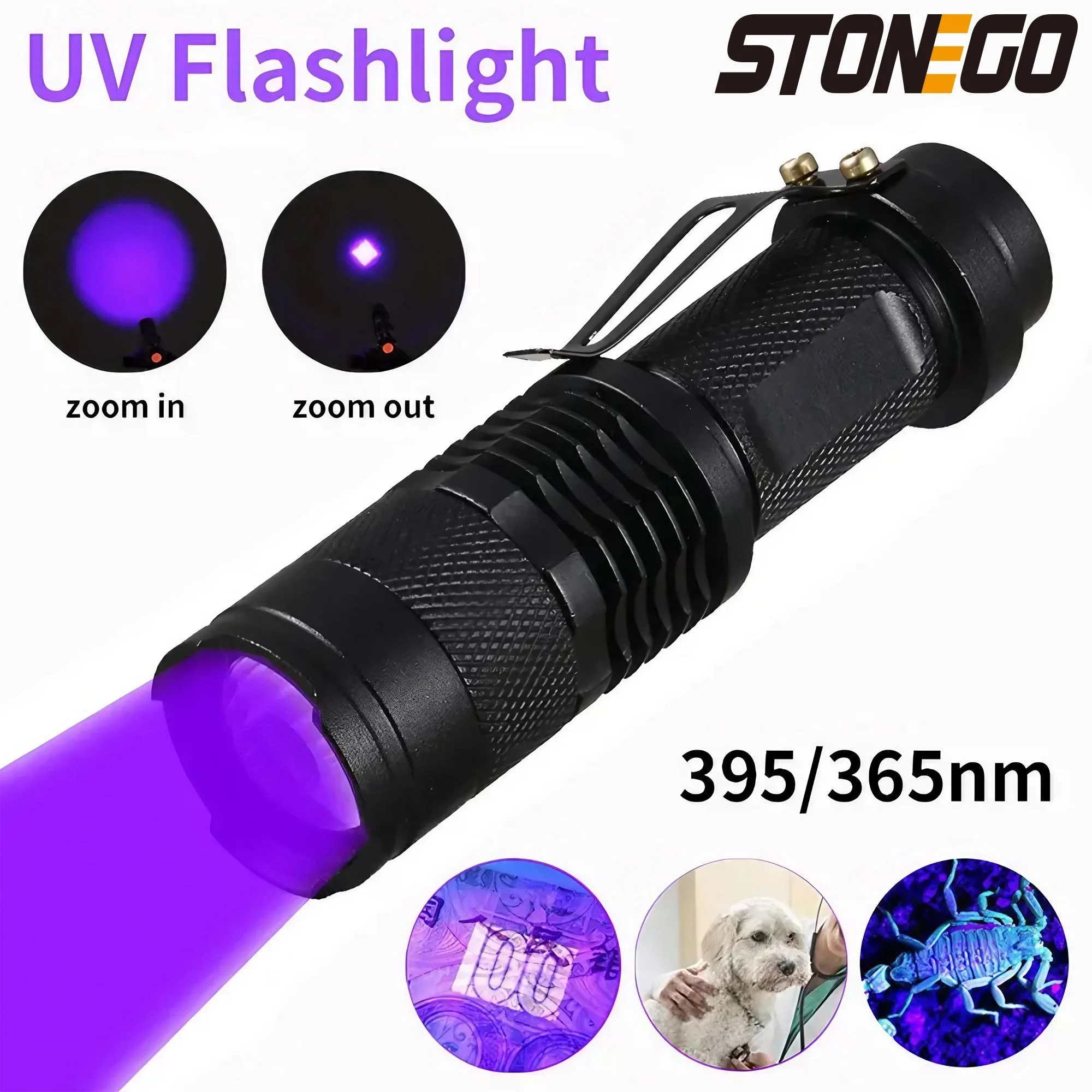 Mini UV LED Flashlight 395/365nm - 3 Modes Zoomable Blacklight for Pet ...