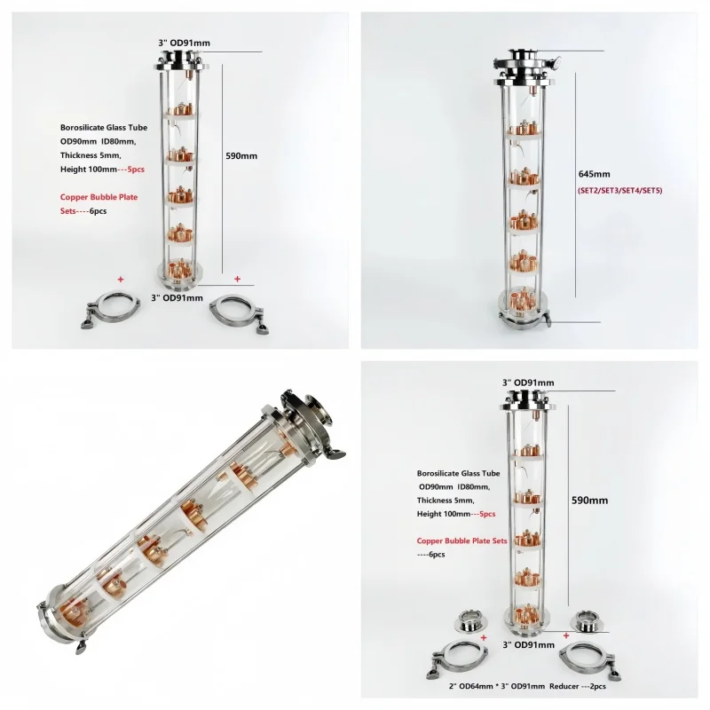 3inch FerruleOD91mm Distillation Column With 6pcs Copper Bubble Plates ...