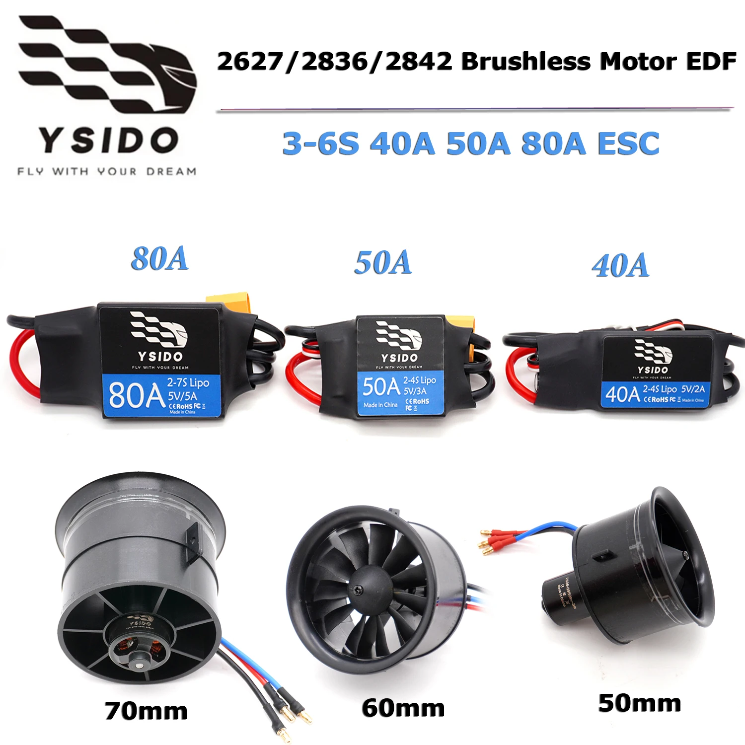 YSIDO 70mm 64mm 50mm 2627/2836/2842 Brushless Motor EDF Duct Fan 40A ...