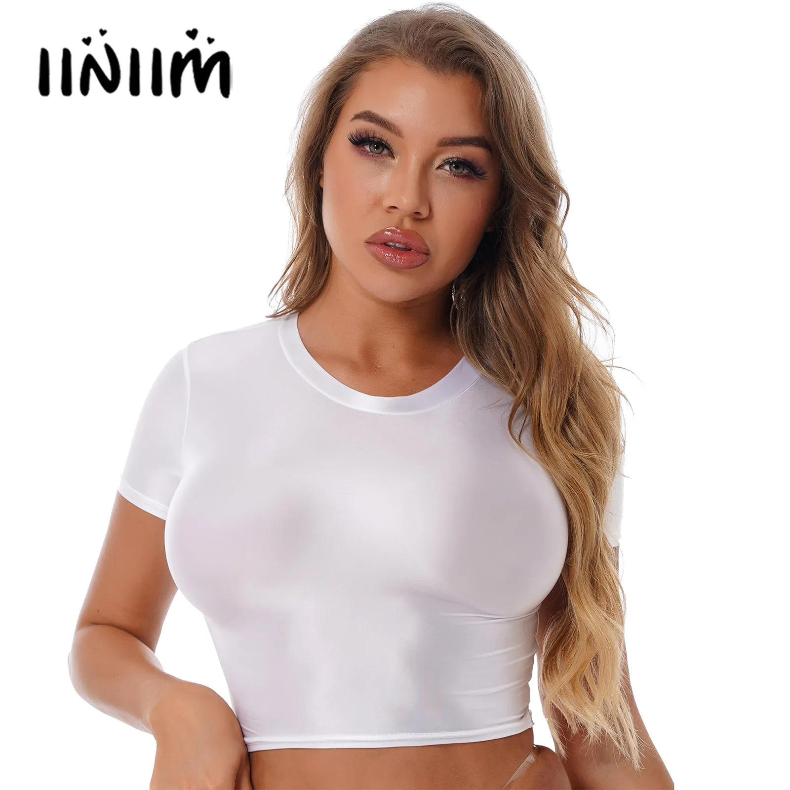 Womens Smooth Short Sleeve Crop Top Solid Color Femme Camis Sports Fitness Round Neck Slim Fit T ...
