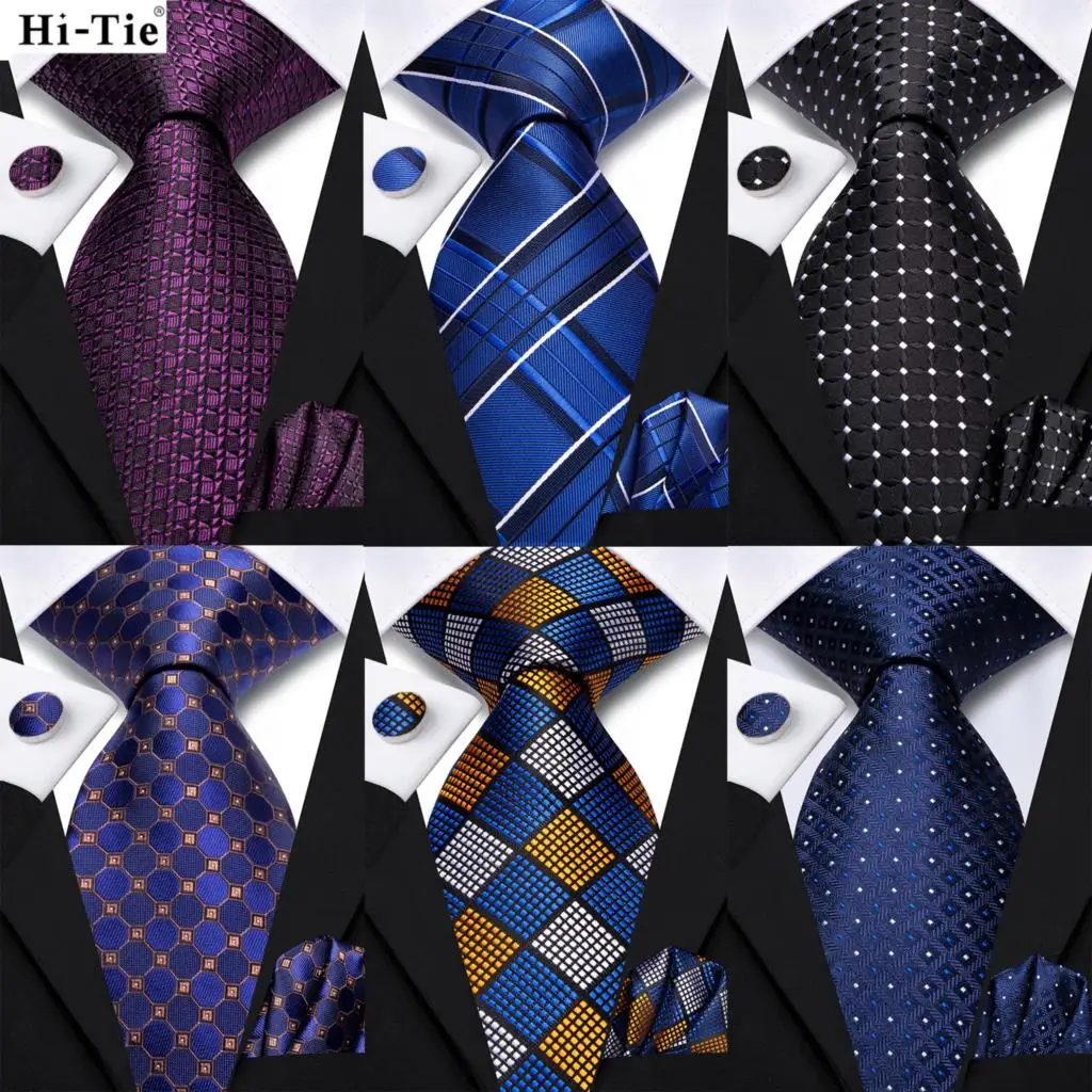 Hi-Tie-Plaid-Navy-Blue-Silk-Elegant-Tie-For-Men-Groom-Wedding-Men ...